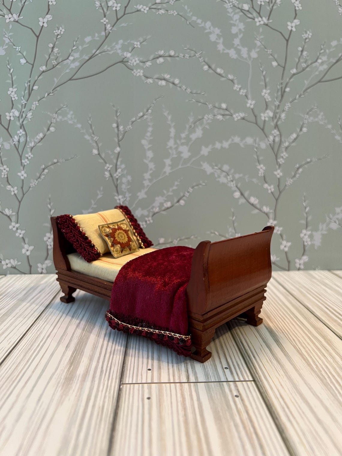 1 12 Scale Hand Dressed Sleigh Bed. Done in Gold & Cranberry Silk With ...