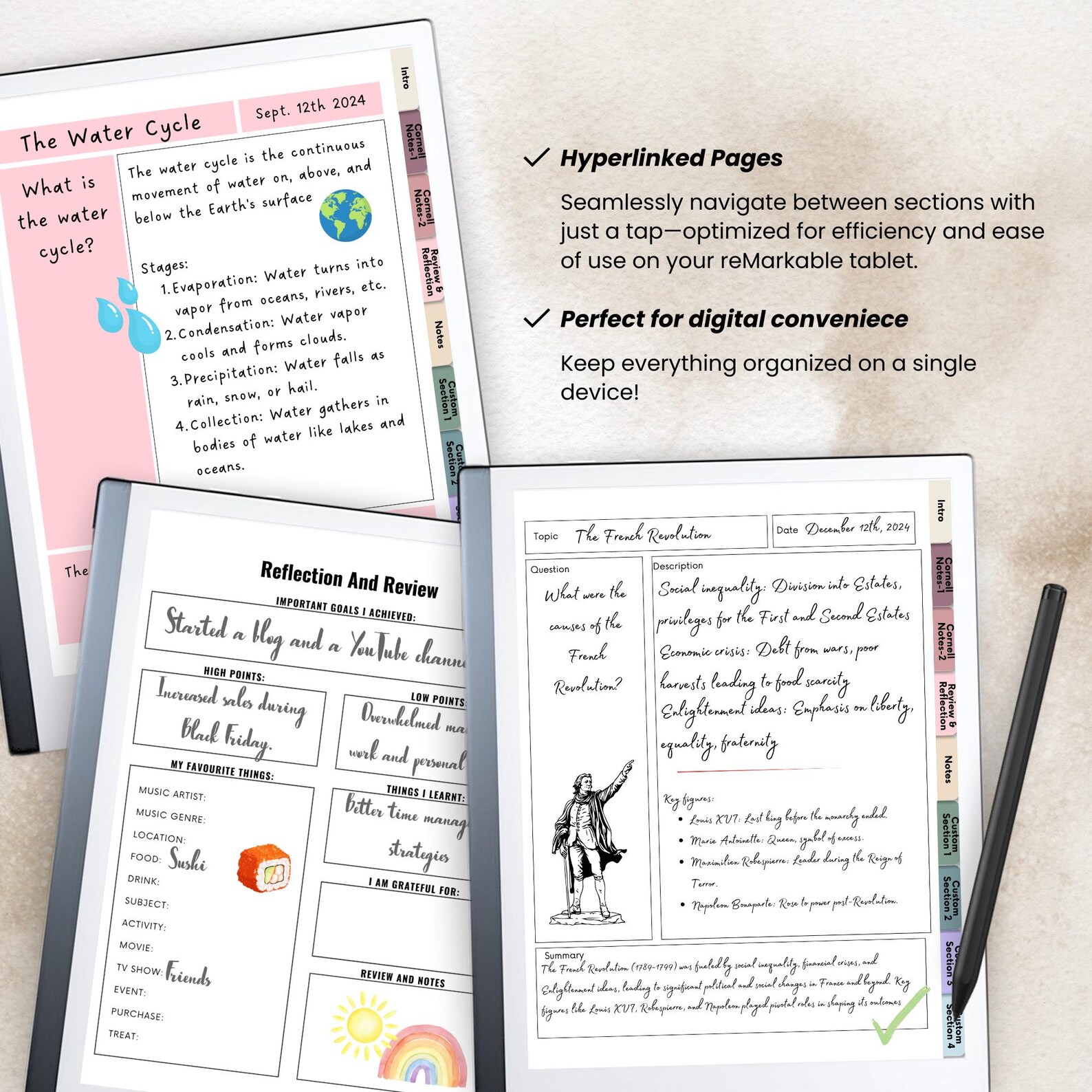 Hyperlinked Cornell Notes Template for Remarkable, Digital Notebook ...
