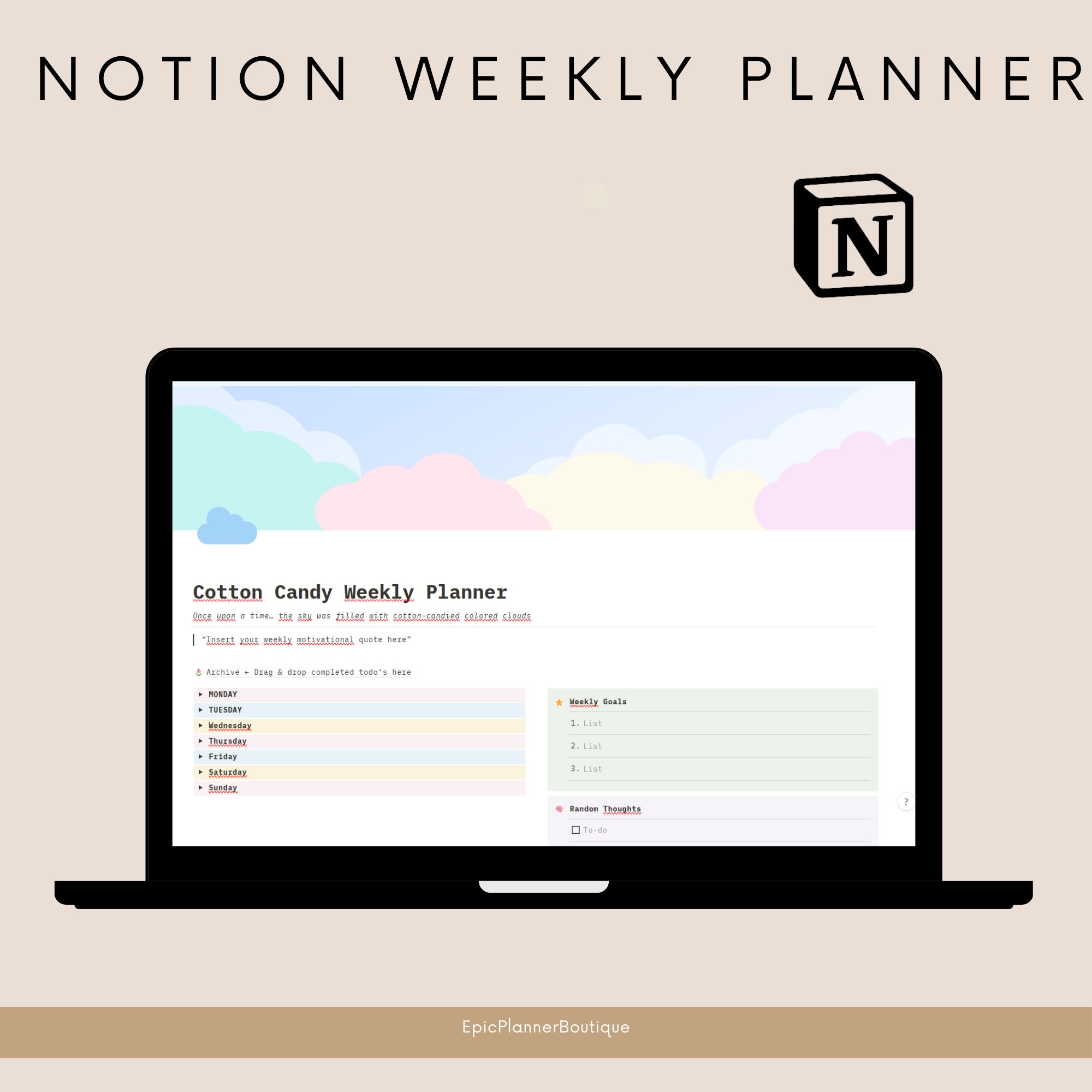 Notion Weekly Planner Template Cotton Candy Themed Simple Weekly Tasks ...