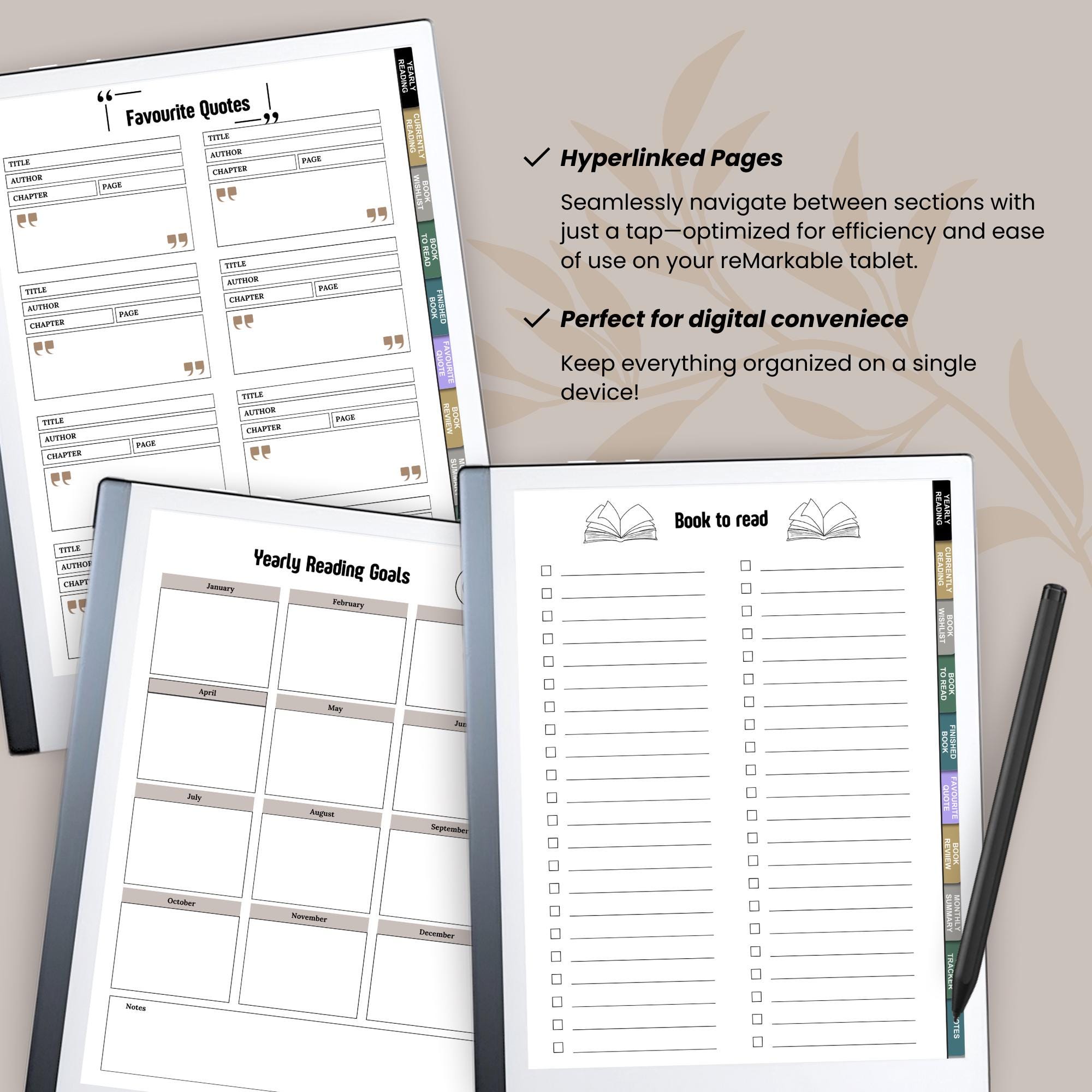 Hyperlinked Reading Log for Remarkable | Remarkable Templates | Reading ...