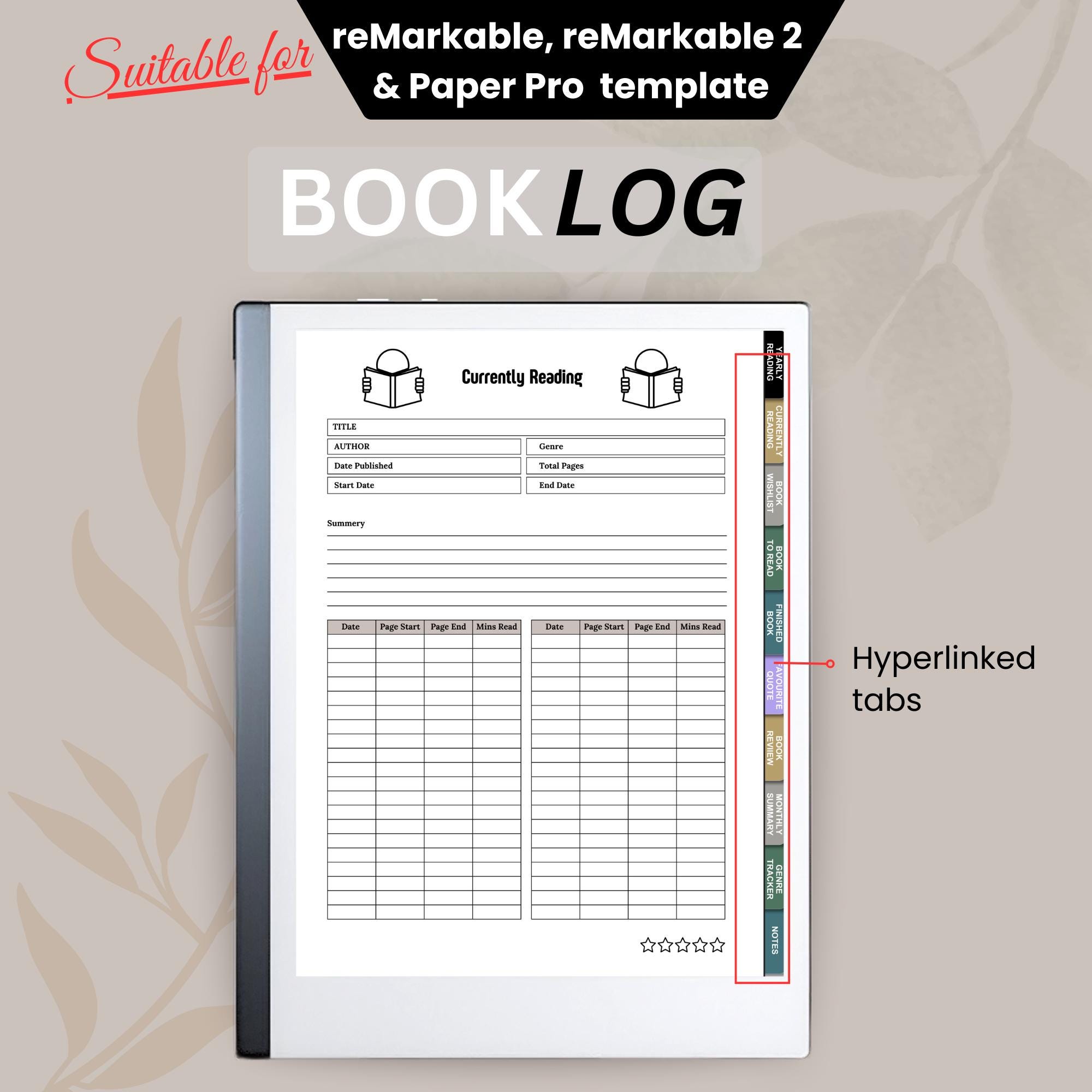 Hyperlinked Reading Log for Remarkable | Remarkable Templates | Reading ...
