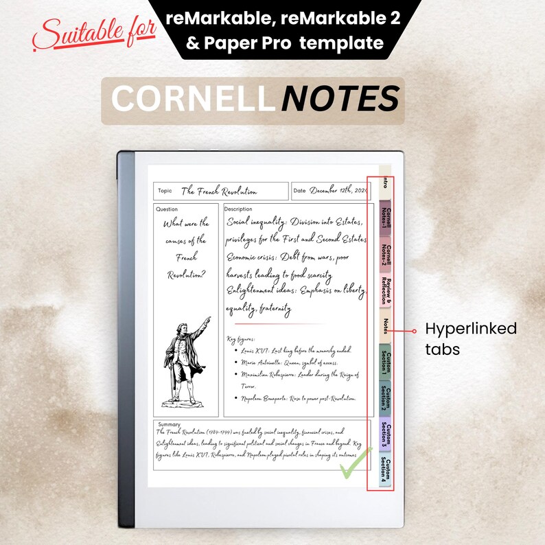 Hyperlinked Cornell Notes Template for Remarkable, Digital Notebook ...