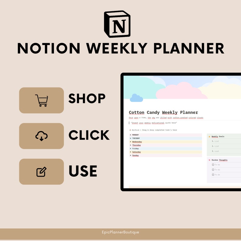 Notion Weekly Planner Template Cotton Candy Themed Simple Weekly Tasks ...
