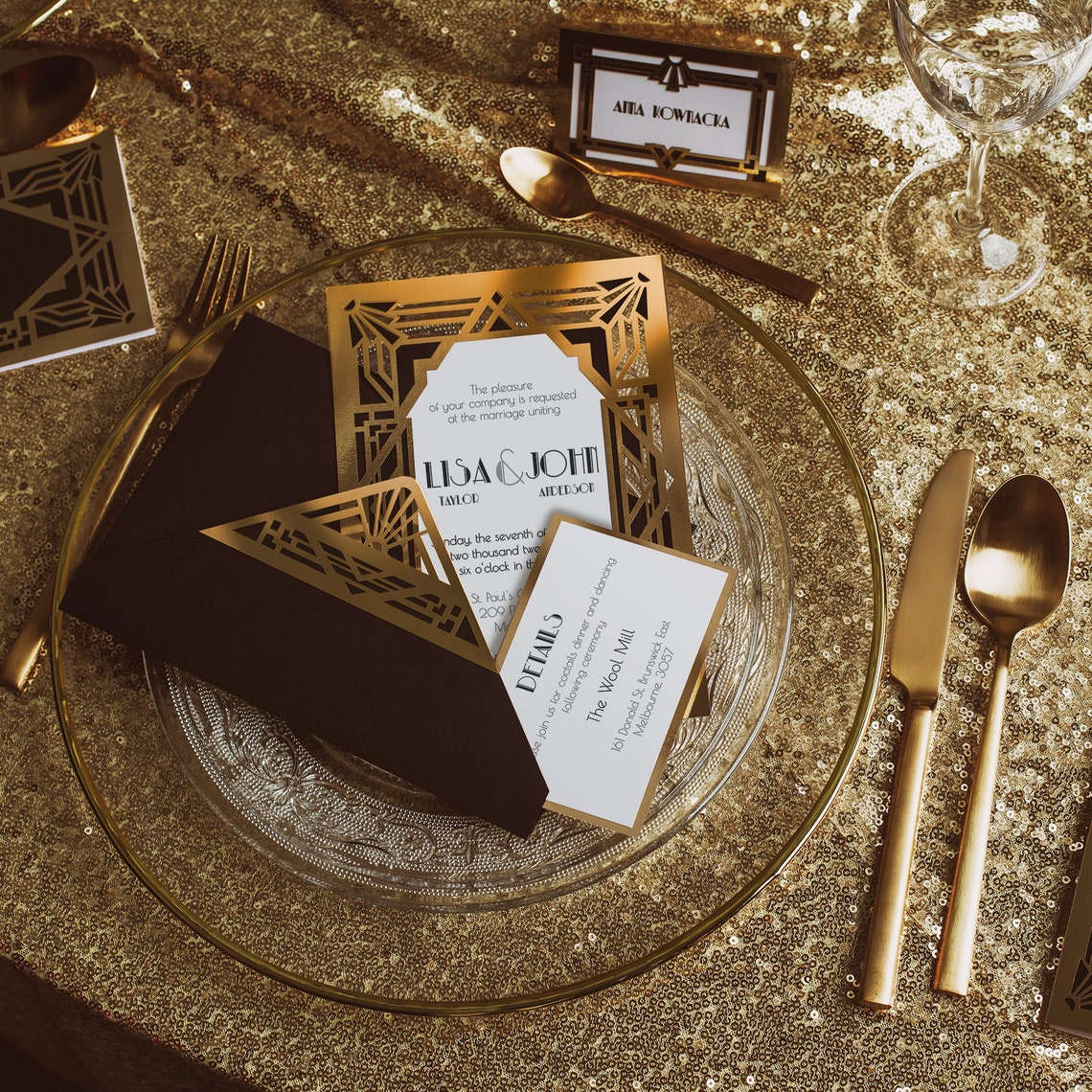 Art Deco Wedding Invitation, Black and Gold Laser Cut Art Deco Wedding ...