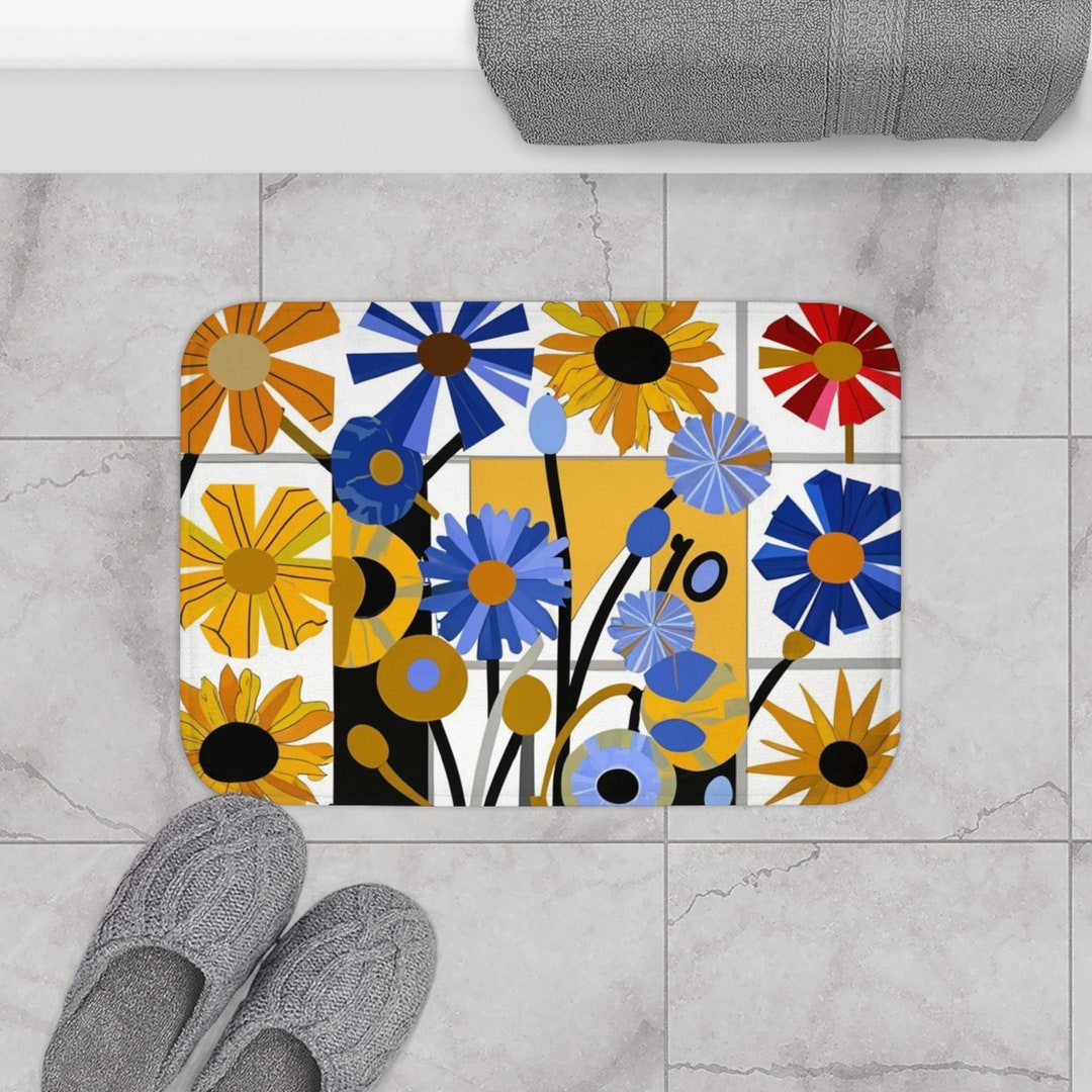 Colorful Floral Bath Mat, Bright Floral Bath Mat, Abstract Floral Bath ...