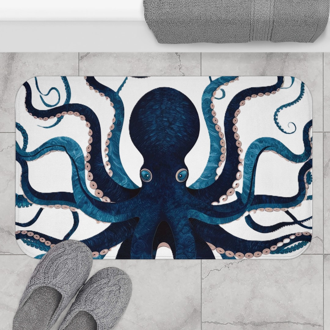Beautiful Octopus Bath Mat, Blue Octopus Bath Mat, Ocean Scene Bath Rug ...