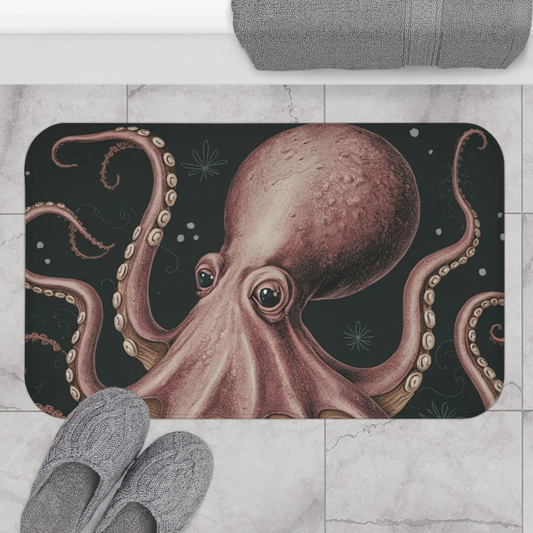 Vintage Octopus Bath Mat, Pensive Octopus Bath Mat, Ocean Scene Bath ...