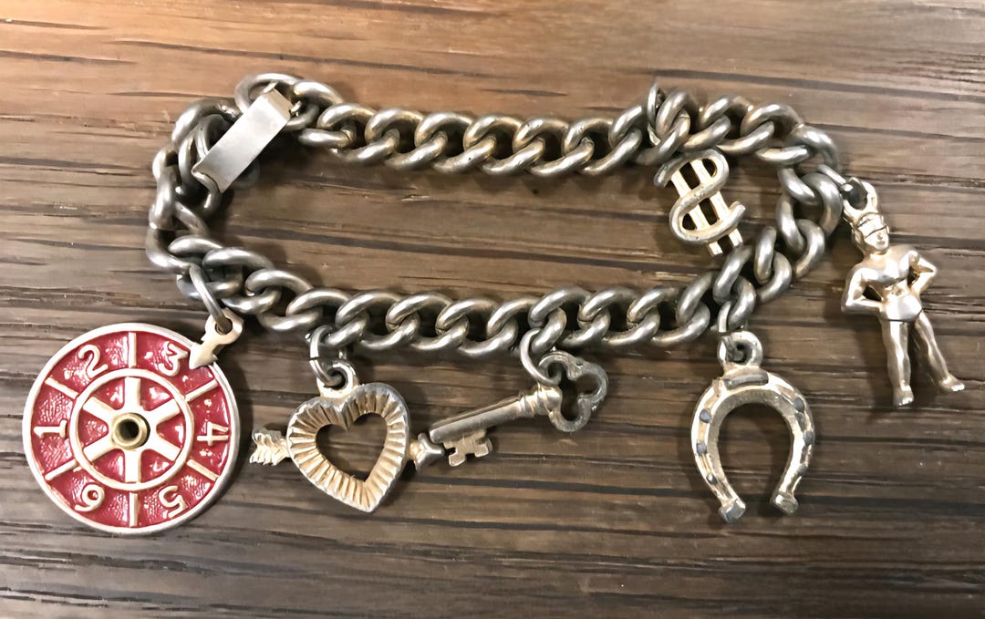 Vintage Charm Bracelet Roulette Wheel Key Horseshoe Wrestler Heart ...