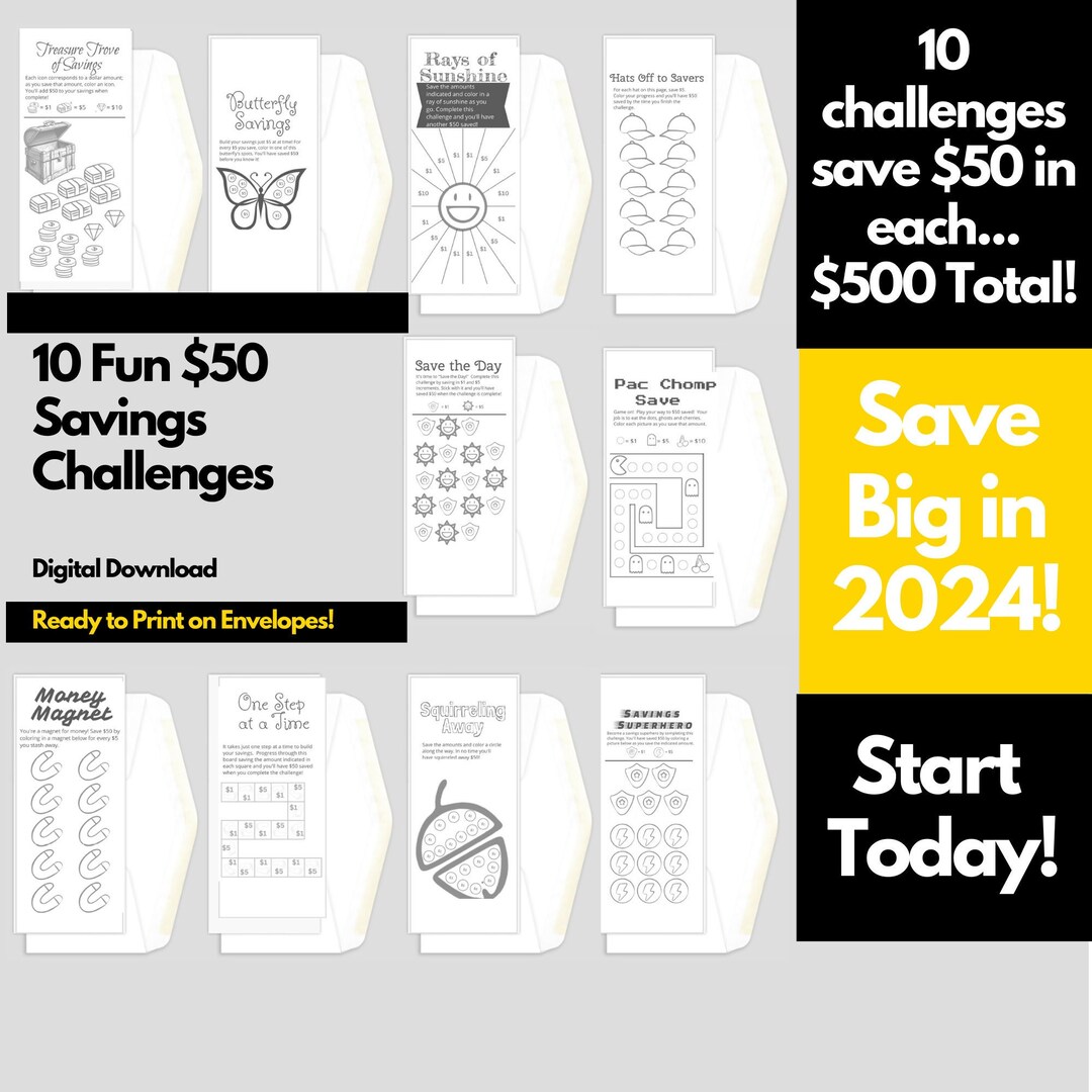 10 Savings Challenges! Digital Download Formatted to Print on Envelopes ...