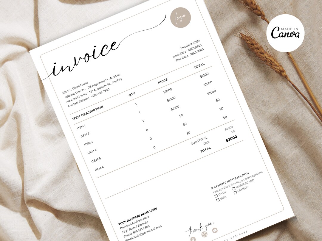 Invoice Minimalist Invoice Template | Boho Small Business | Modern ...
