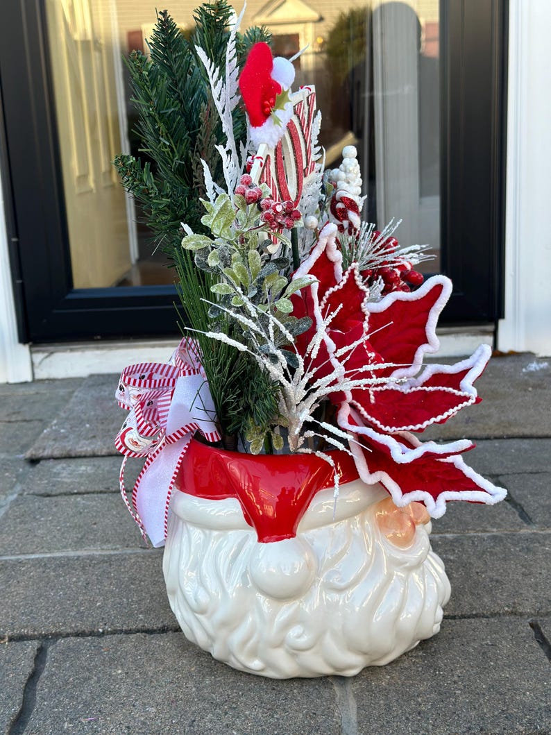 Festive Santa Planter Arrangement - Holiday Floral Centerpiece With ...