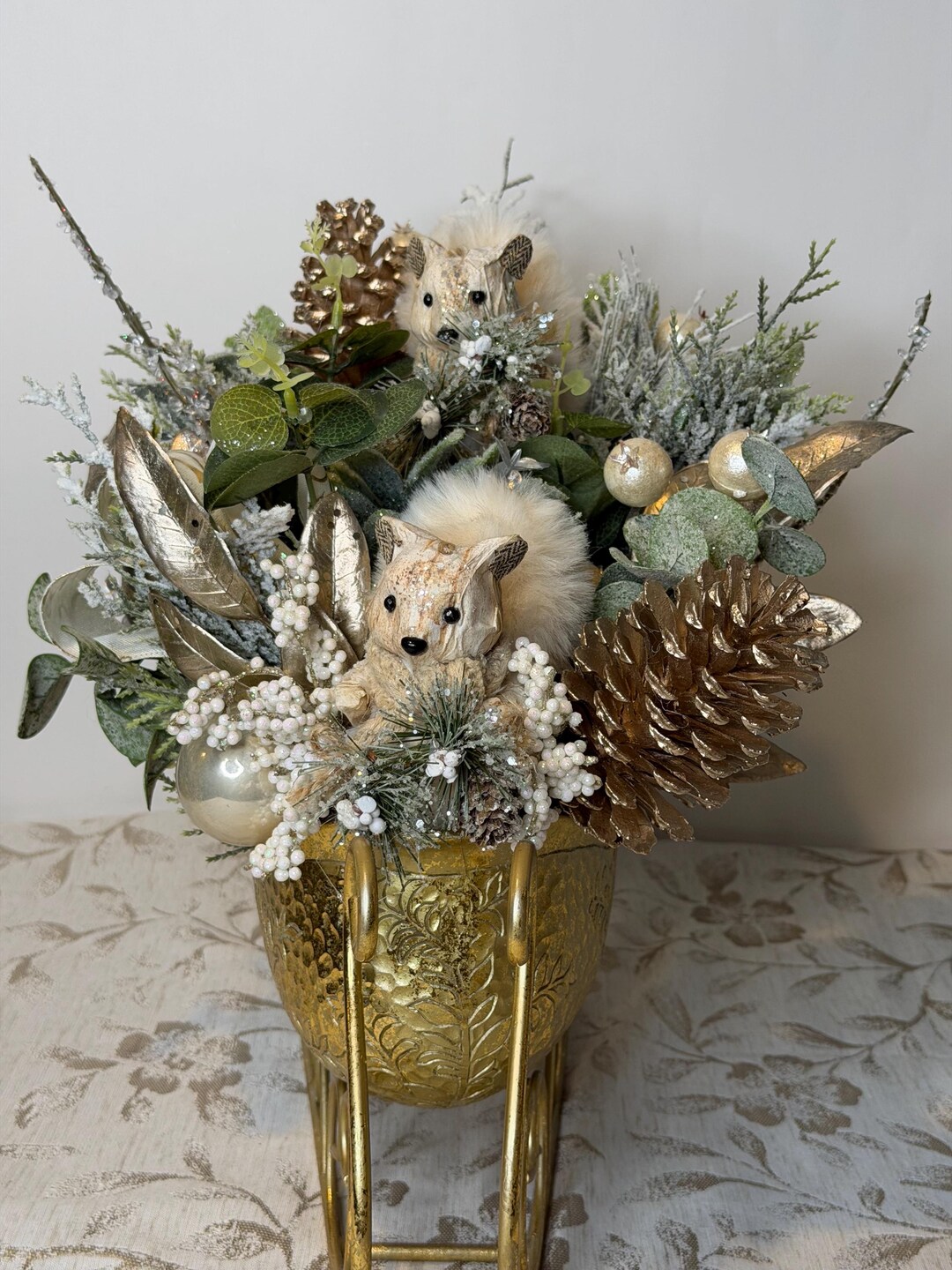 Gold Sleigh Christmas Centerpiece – Elegant Winter Woodland Arrangement ...