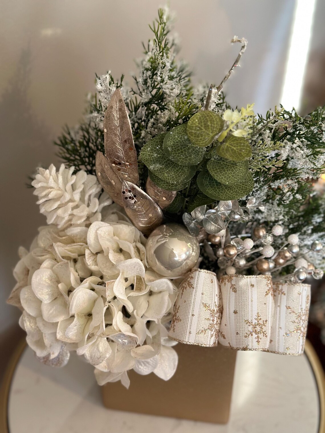 Elegant Winter Wonderland Floral Arrangement – White Hydrangeas, Gold ...