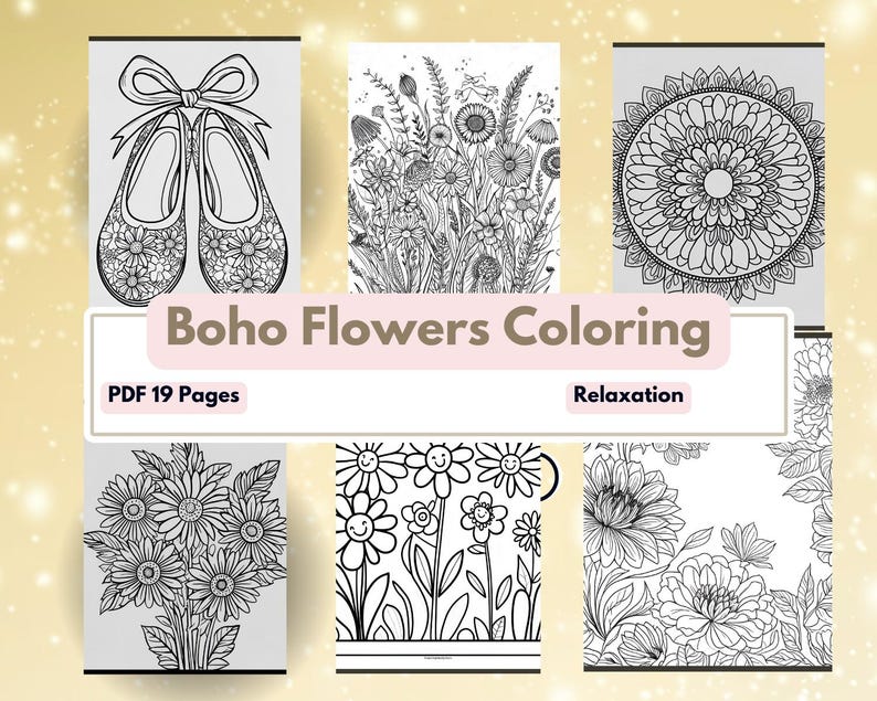 Boho Flowers Coloring Pages, Flower Design Colorung Book, Relaxing ...