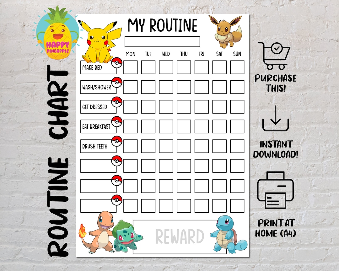 Pokemon Routine Reward Chart for Kids, ADHD, Routines, Chore Chart ...