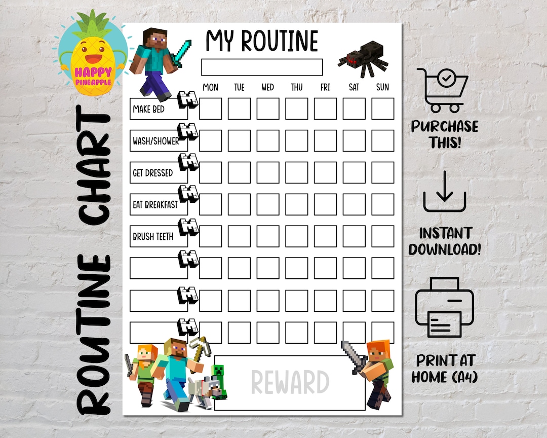Minecraft Routine Reward Chart for Kids, ADHD, Routines, Chore Chart ...