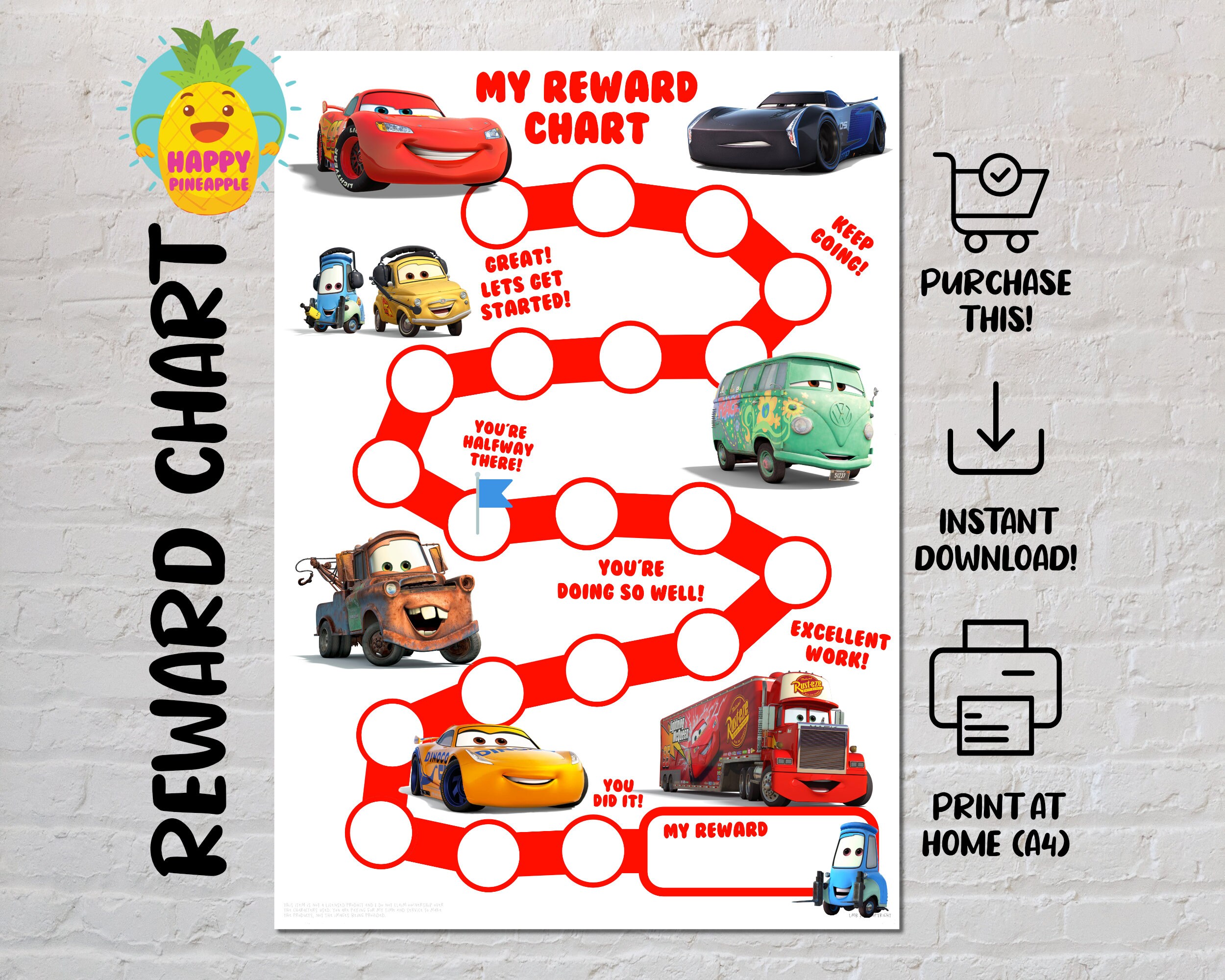 Cars Pixar Reward Chart for Kids, Chore Chart, Behaviour Chart, Digital ...