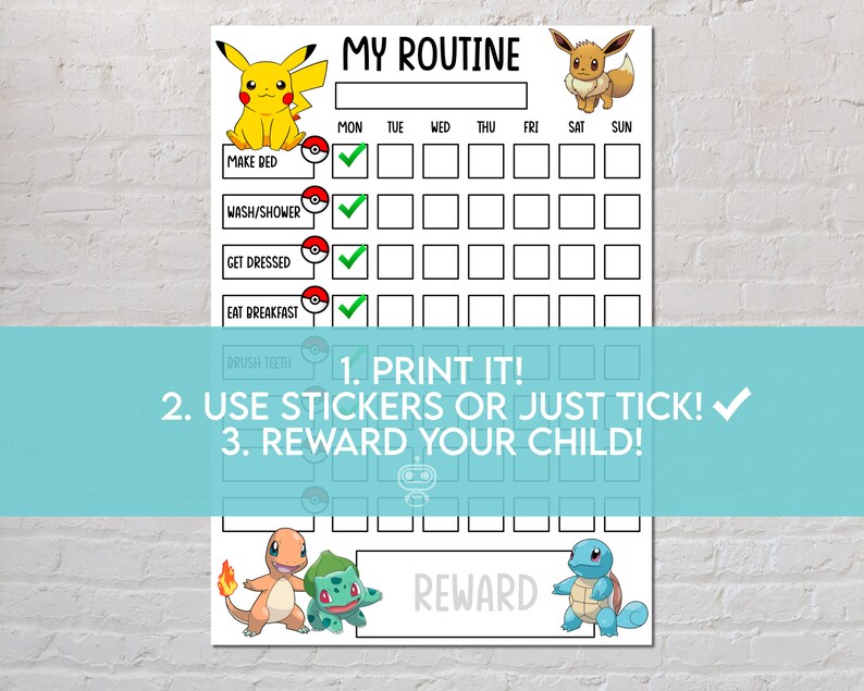 Pokemon Routine Reward Chart for Kids, ADHD, Routines, Chore Chart ...