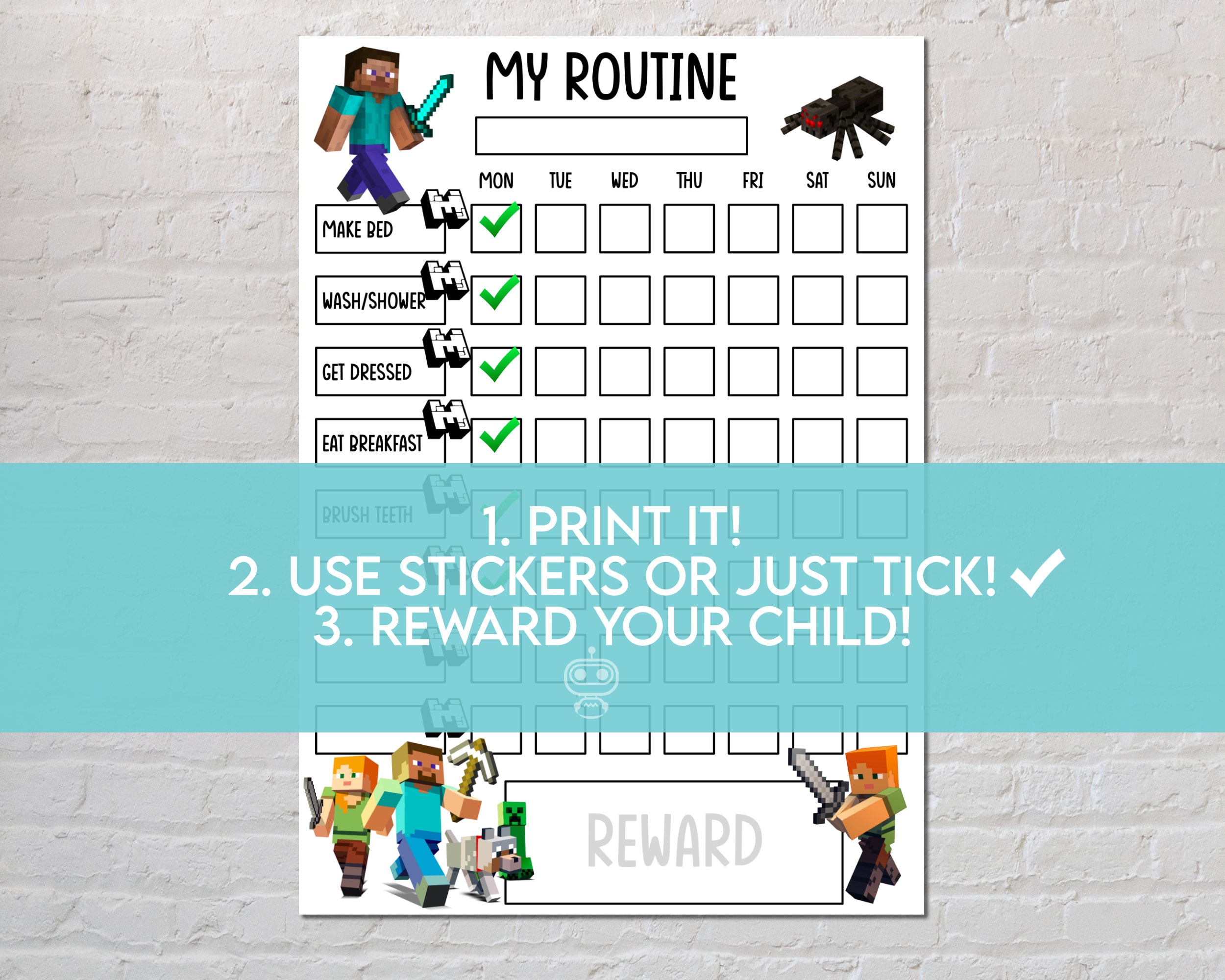 Minecraft Routine Reward Chart for Kids, ADHD, Routines, Chore Chart ...