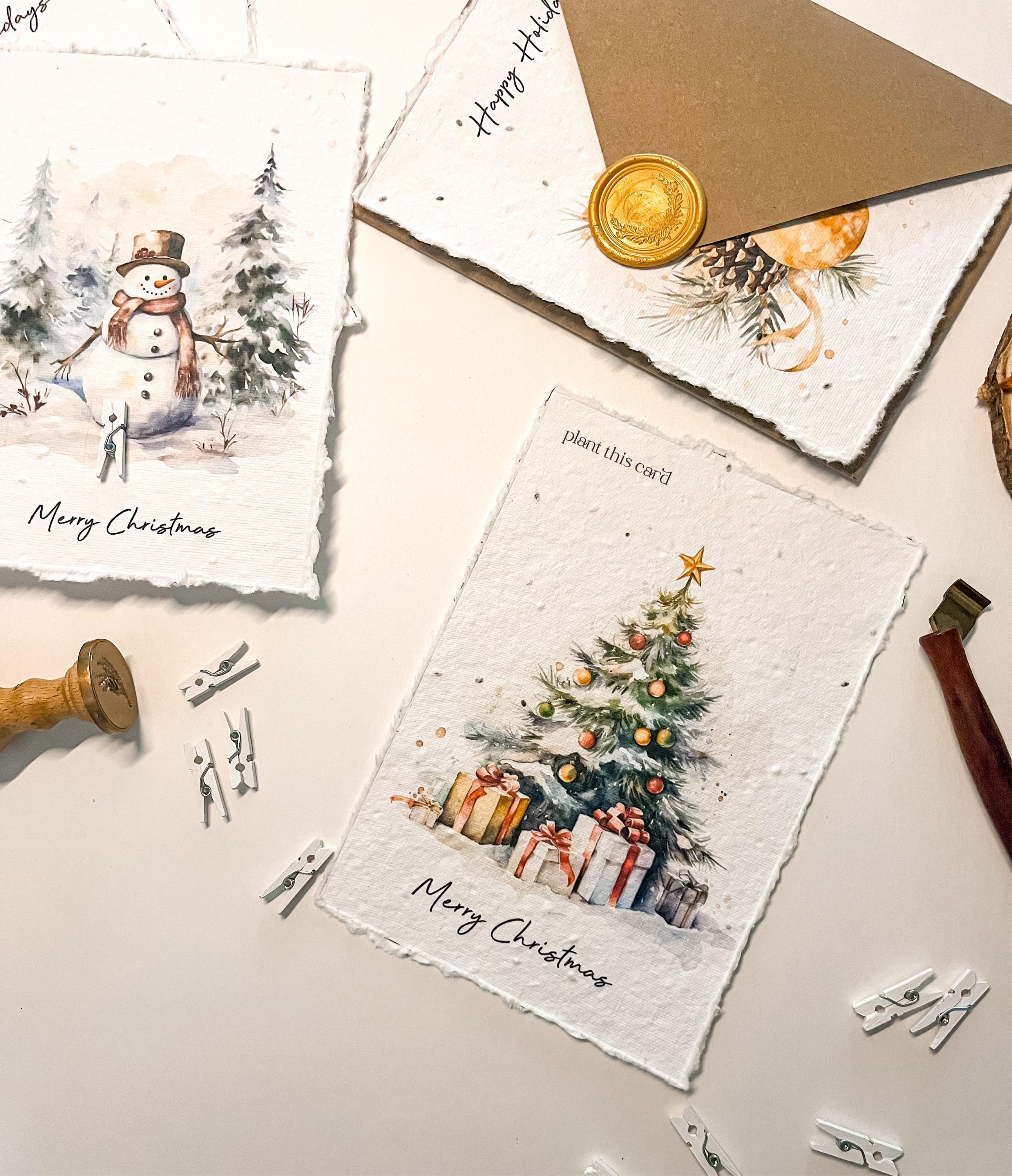 Watercolor Christmas Holiday Cards, Handmade Seed Paper Holiday Cards ...