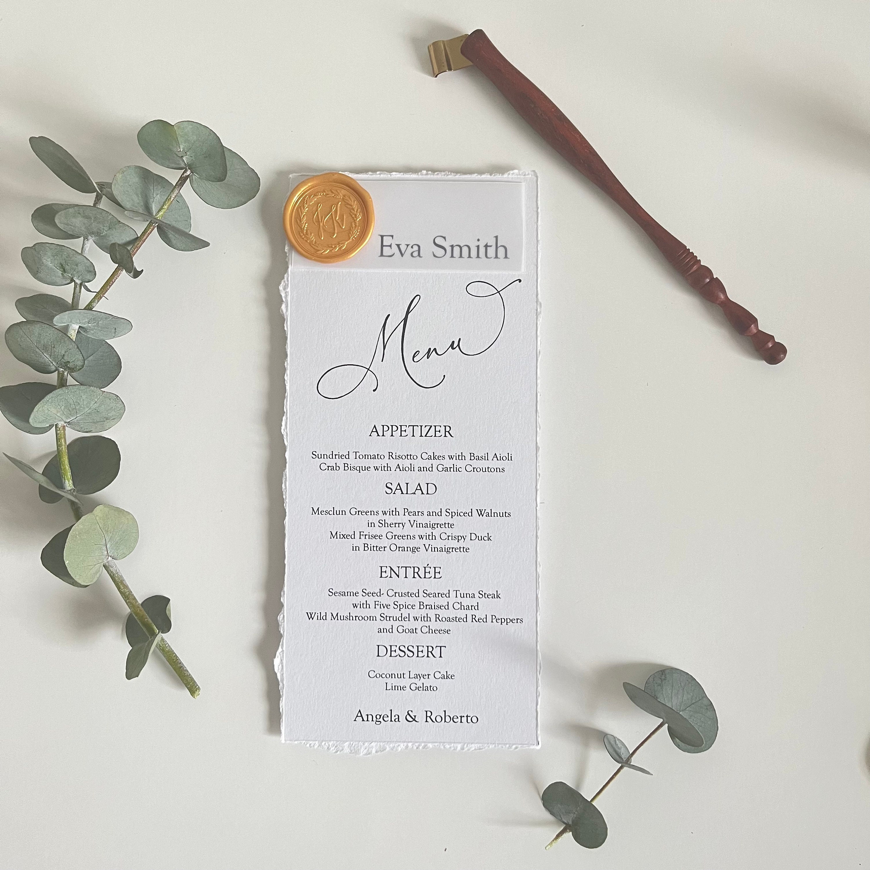 Wedding Menu Cards With Vellum Name Tag and Wax Seal, Deckled Edge Menu ...