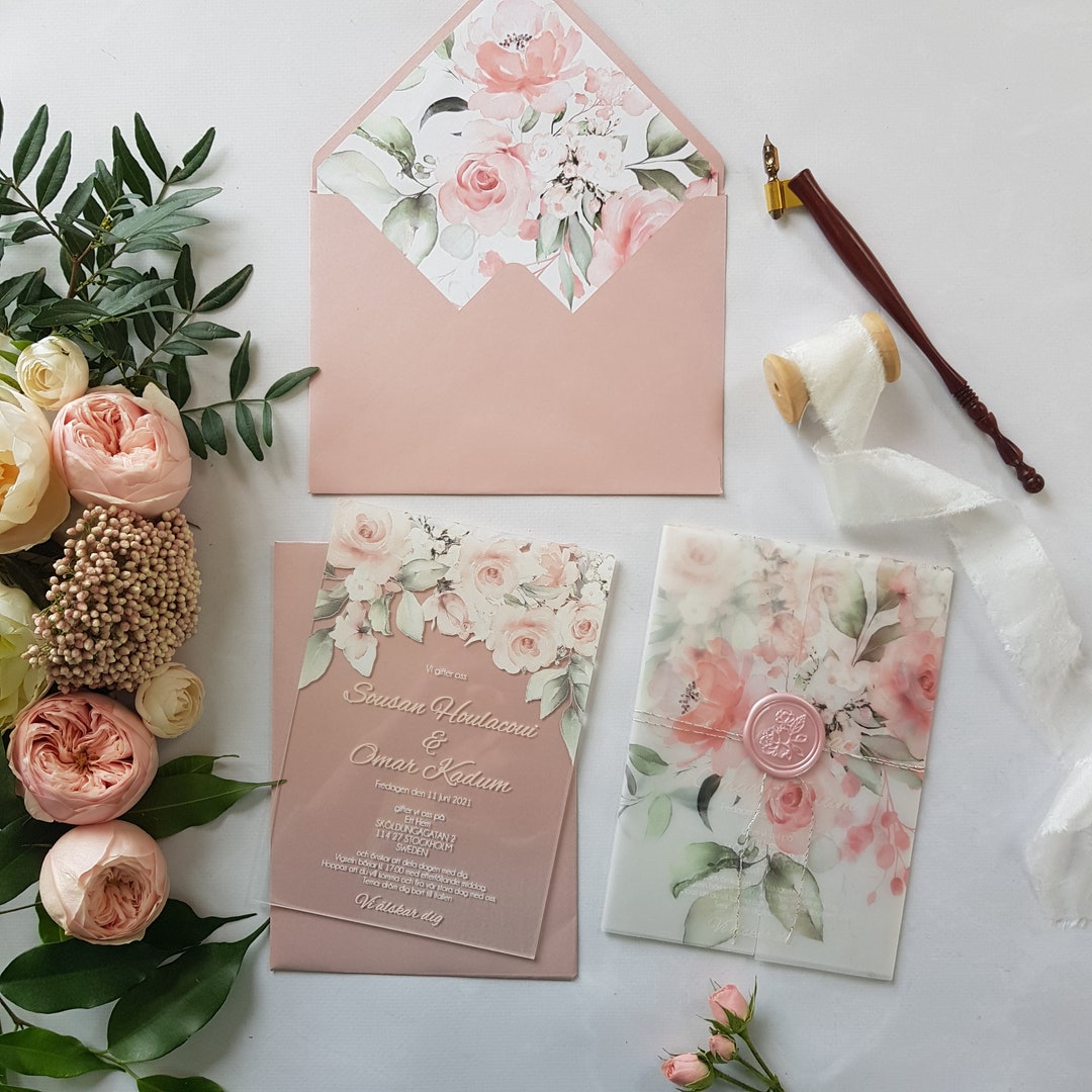 Clear Acrylic Invitations With Vellum Wrap and Wax Seal, Blush Floral ...