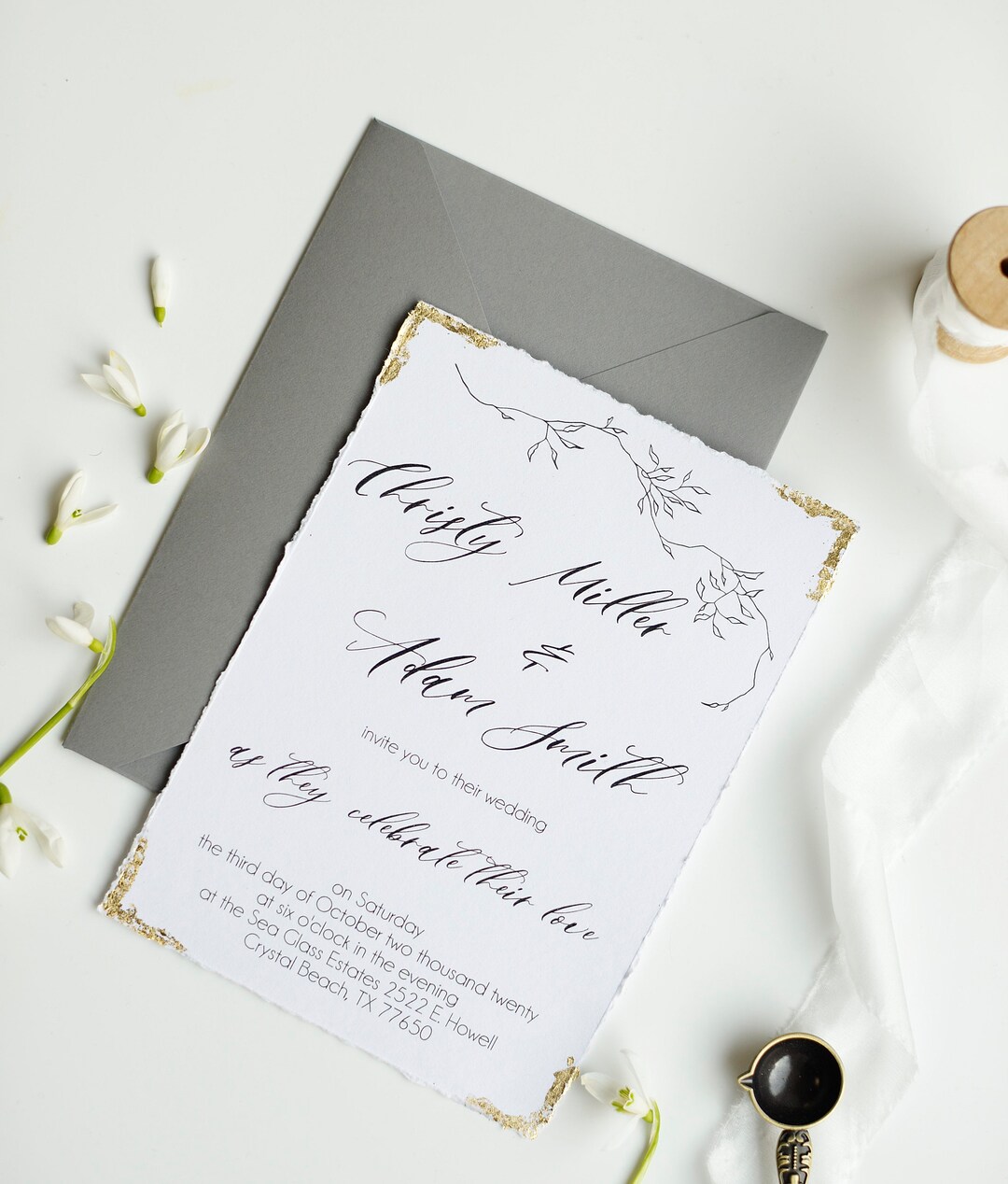 Gold Edges Invitation, Deckled Edges Wedding Invites, Deckled Edge ...