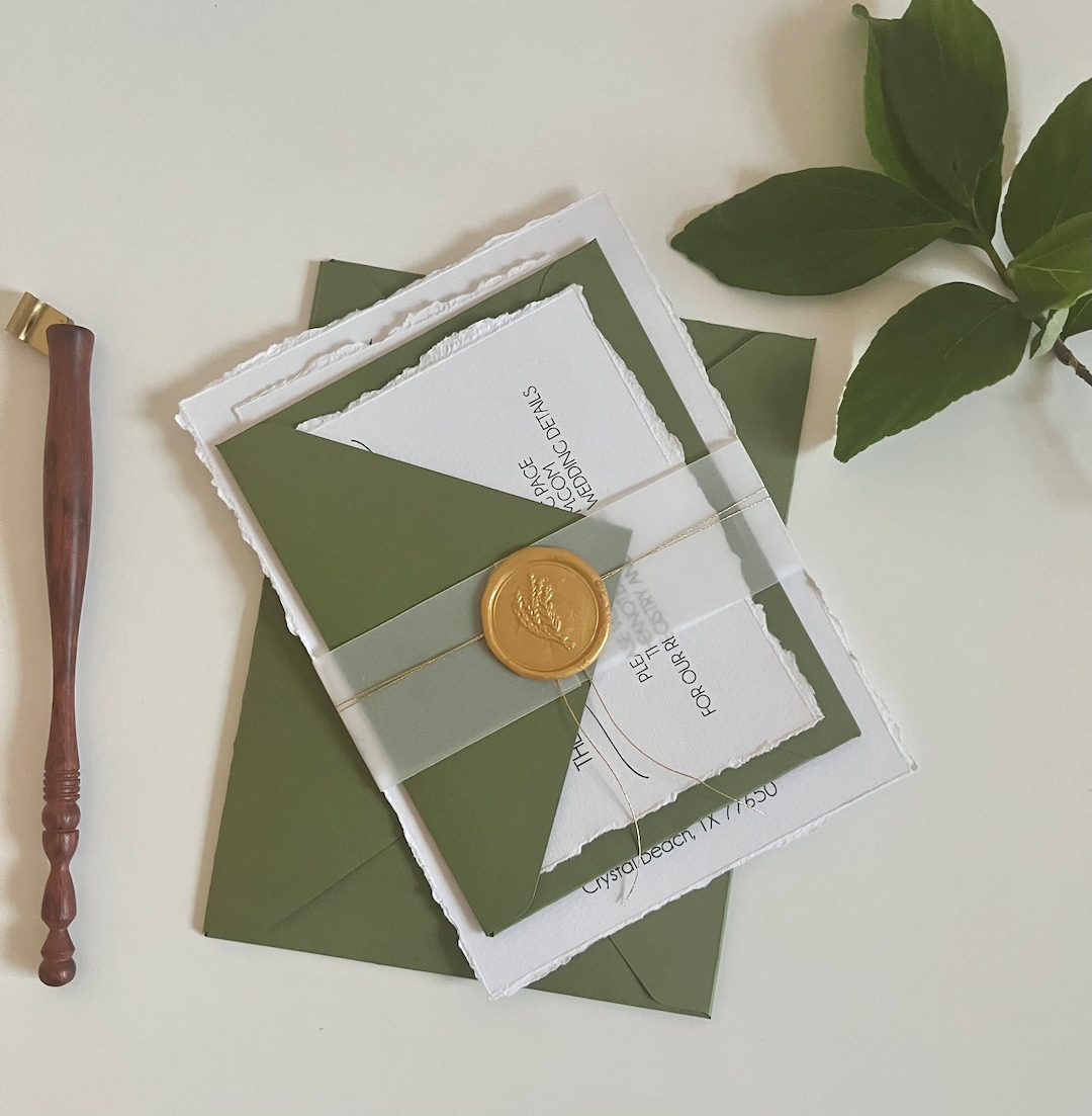 Printed Wedding Set, Torn Edge Invitation Set With Vellum Band and Wax ...