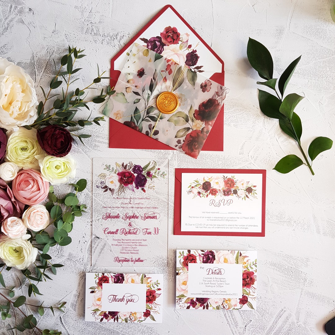 Conjunto de invitación de acrílico, invitación de boda de Borgoña ...