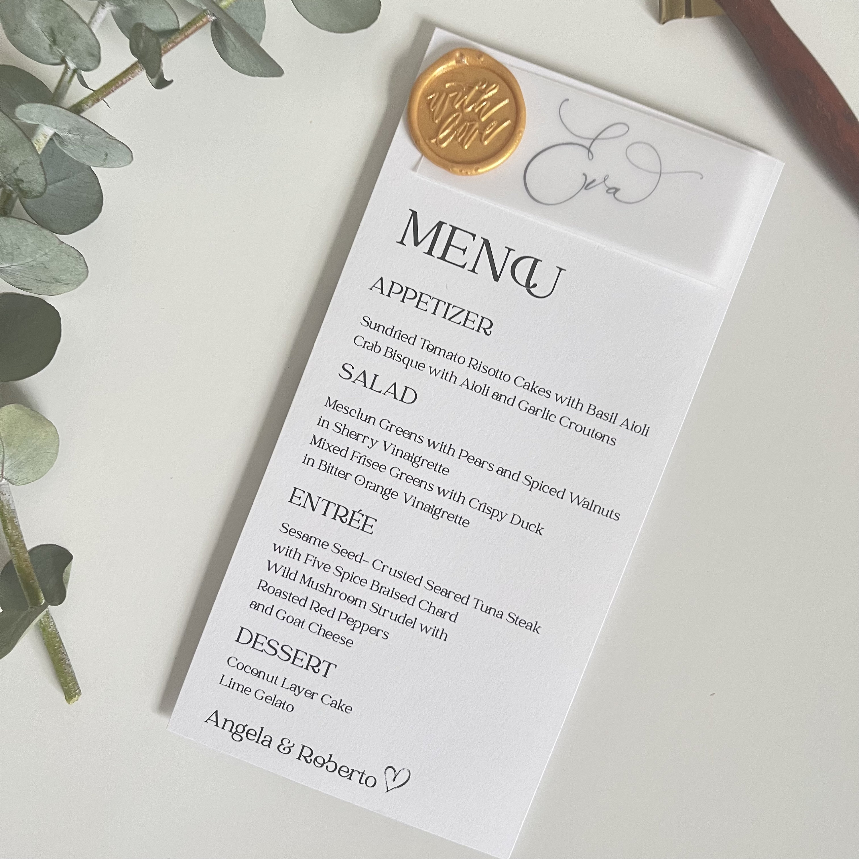 Wedding Menu Cards With Vellum Name Tag and Wax Seal, Personalized Menu ...