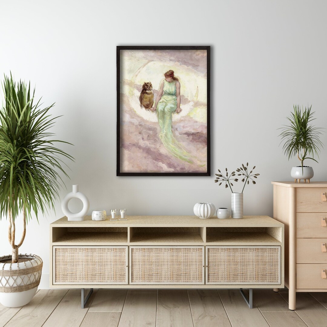 Moon Witch Art Print, Crescent Moon, Woman With Owl, Horned Owl, the ...