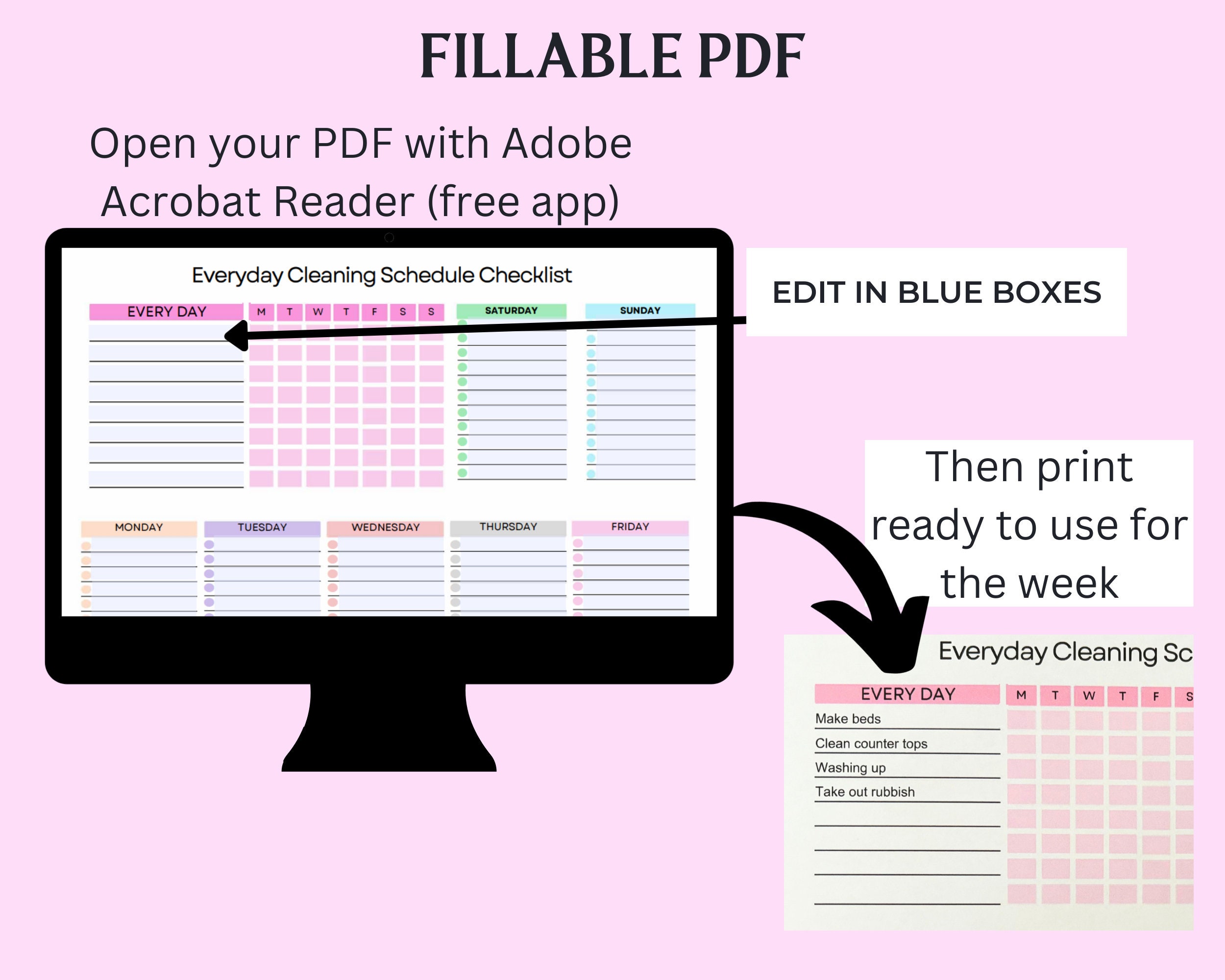 2 Pages EDITABLE Cleaning Checklist, Cleaning Planner, Schedule, ADHD ...