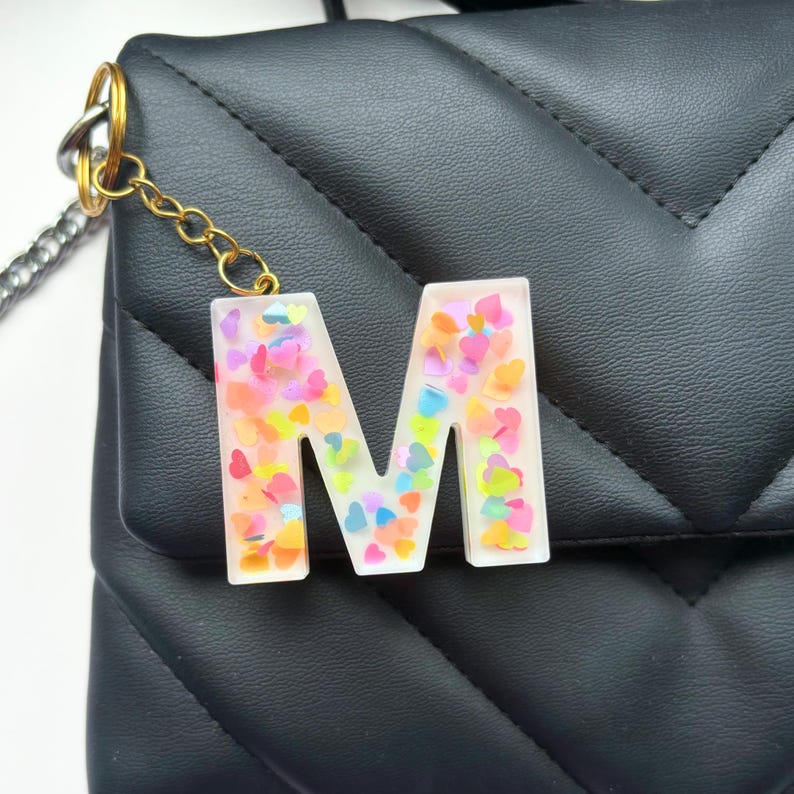 Personalised Neon Heart Confetti Letter Keychain or Magnet Custom Resin ...