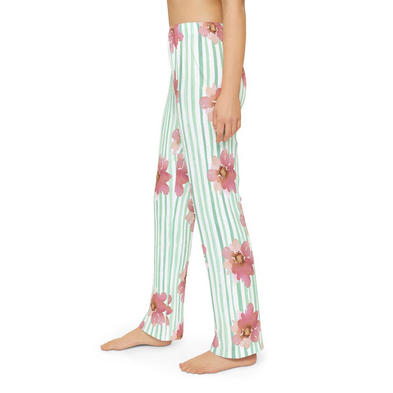 Kids Pajama Pants Pretty Pink Flowers and Green Stripe, Girls Pajama ...