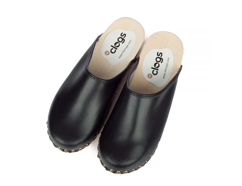 Natural Black Leather Swedish Clogs for Women, Wooden Closed Toe Clog ...