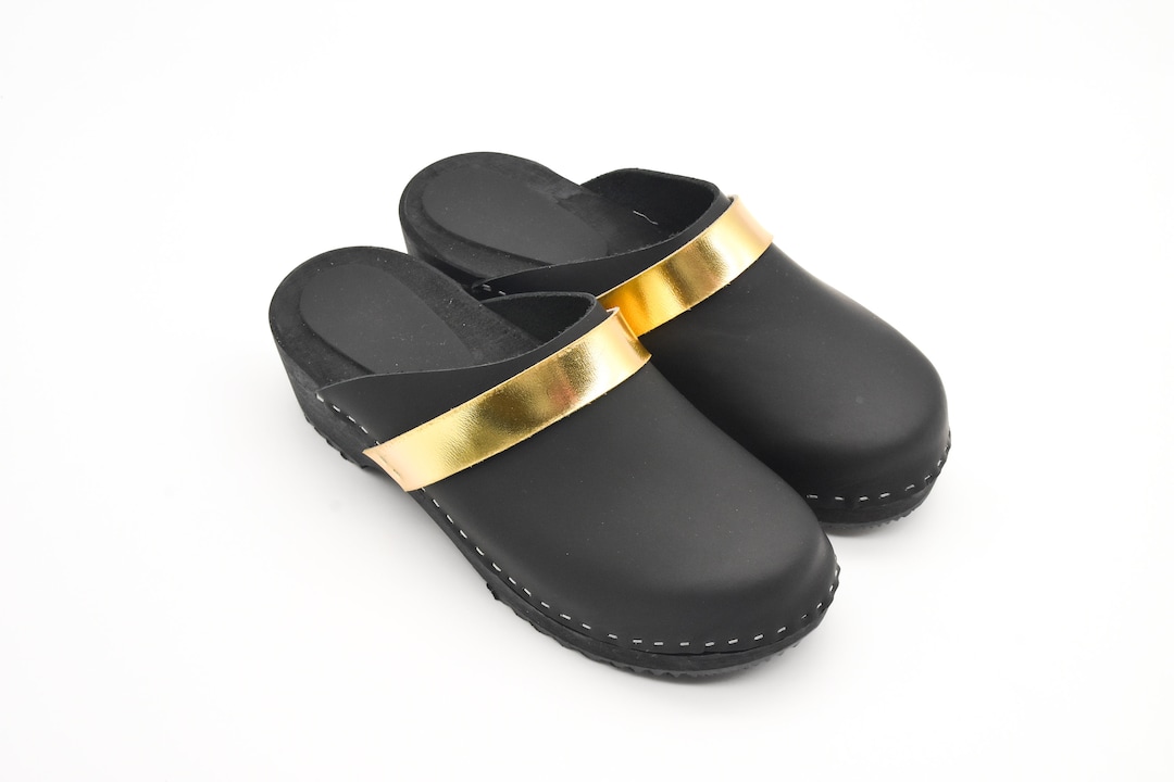 Women's Gold Leather Clogs - Summer Wooden Swedish Clogs Sandals, Shiny ...