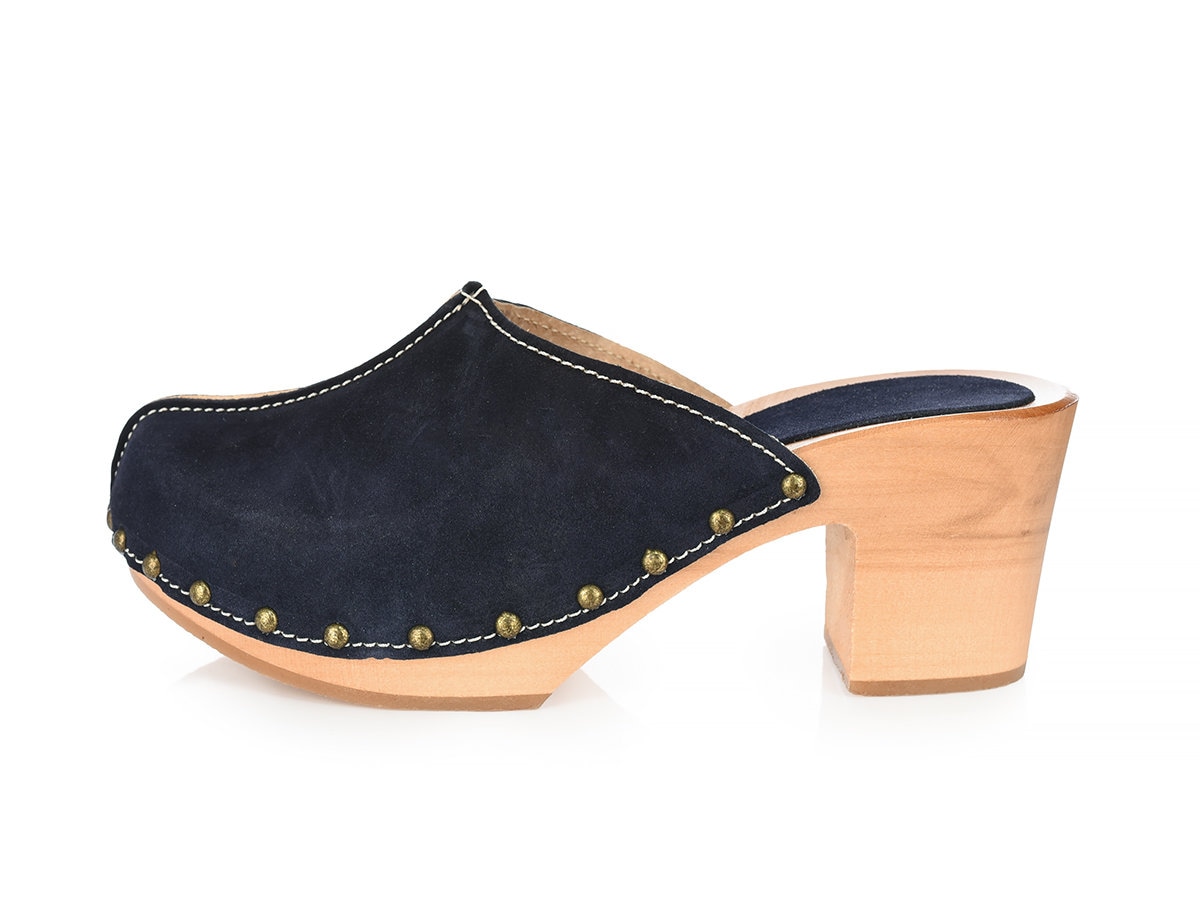 High Heel Purple Suede Clogs, High Heel Mules, Swedish Clogs, Platform ...