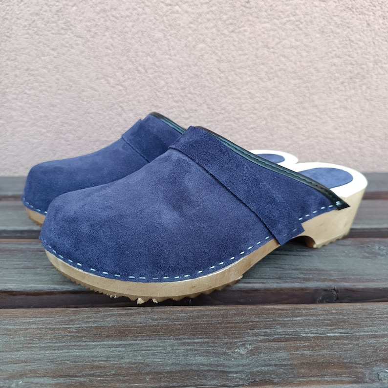 Navy Blue Suede Leather Clogs: Women's Slip on Mules, Nursing Shoes - Etsy