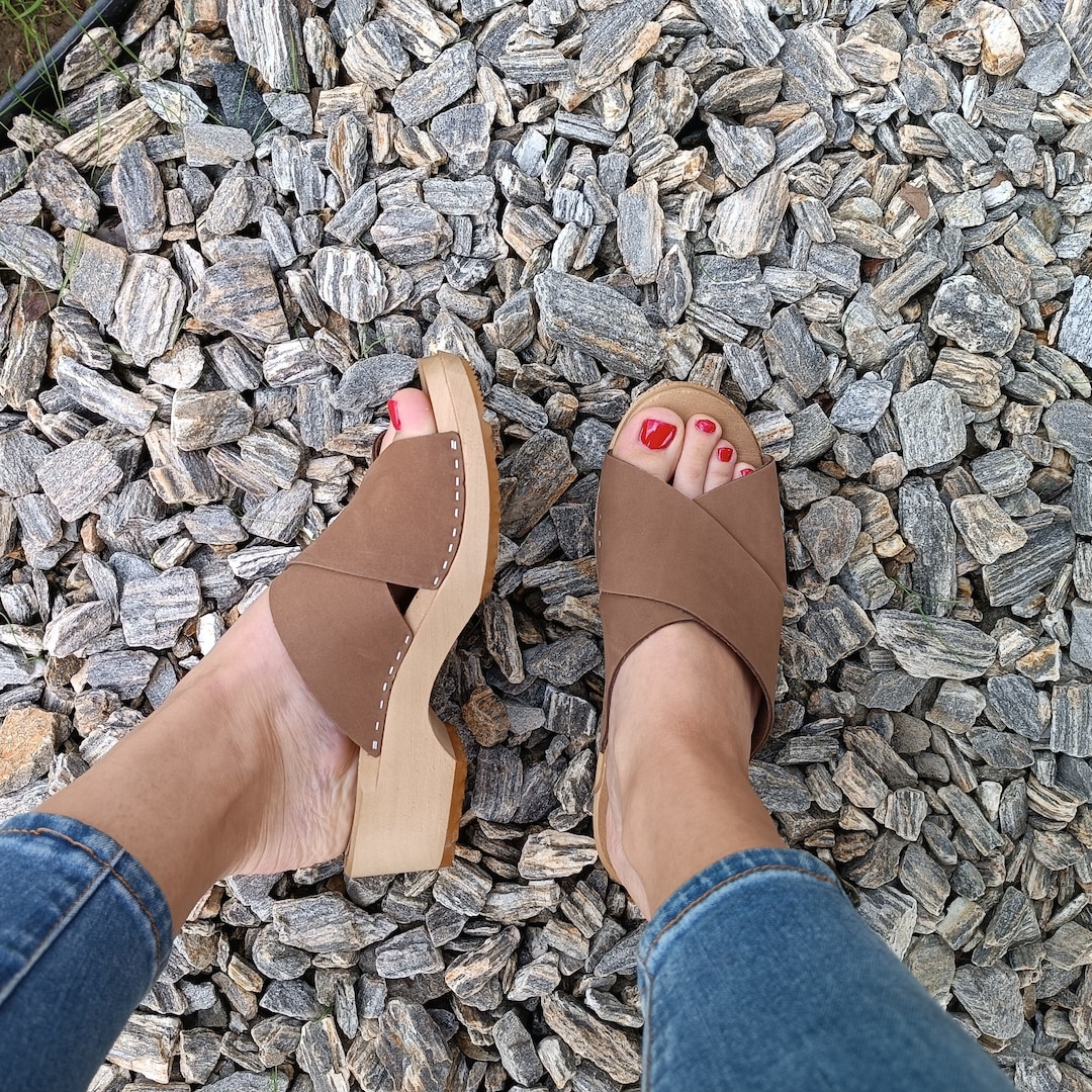 Stylish Brown Leather Mules, Open Toe Clogs, Platform Flip Flops ...