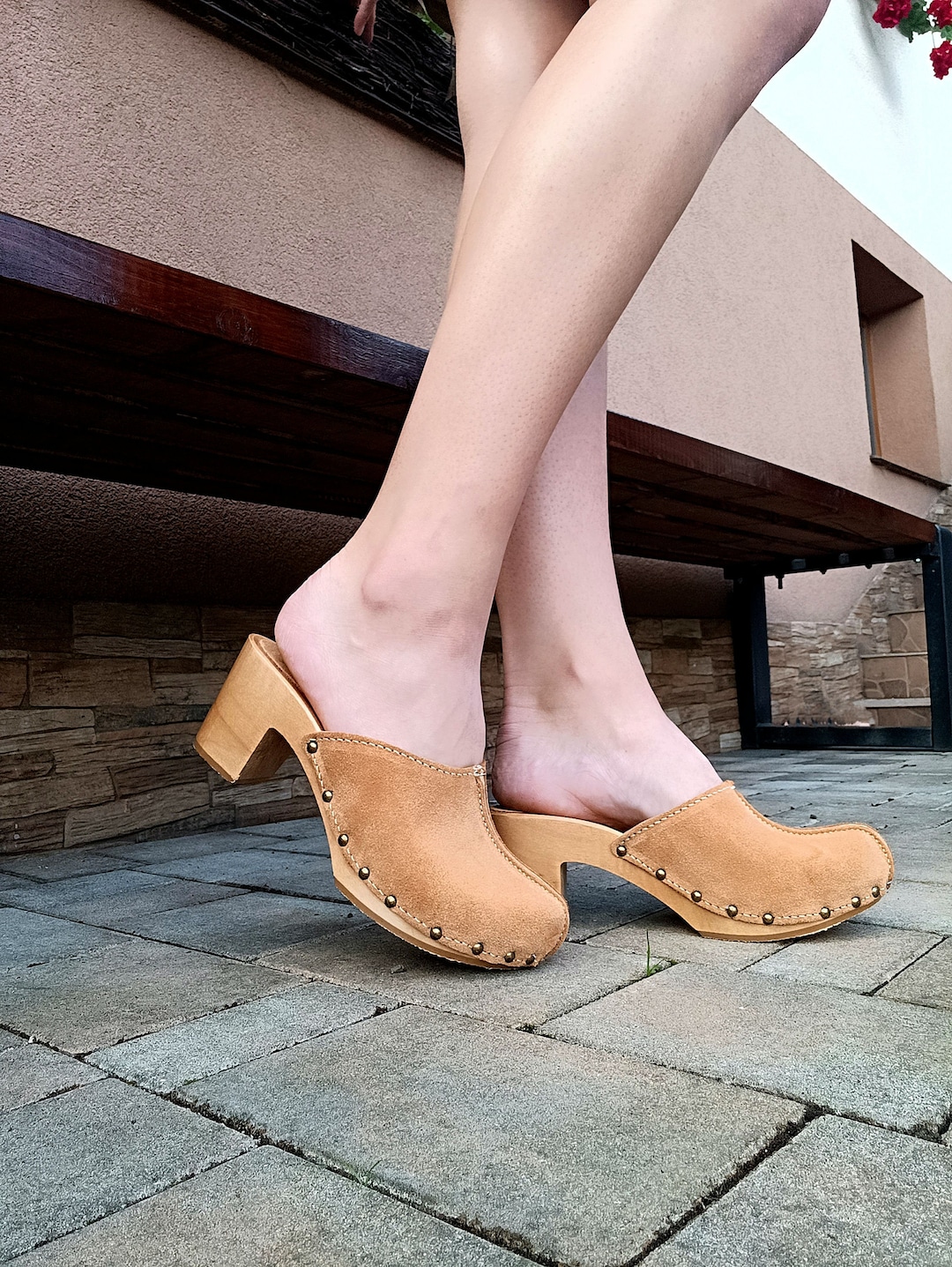 High Heel Clogs of Natural Beige Suede Leather, Platform Mules With ...