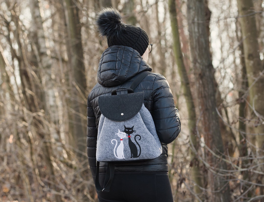 Handcrafted Wool Felt Kitten Backpack: Embroidered Black Cats Shoulder ...