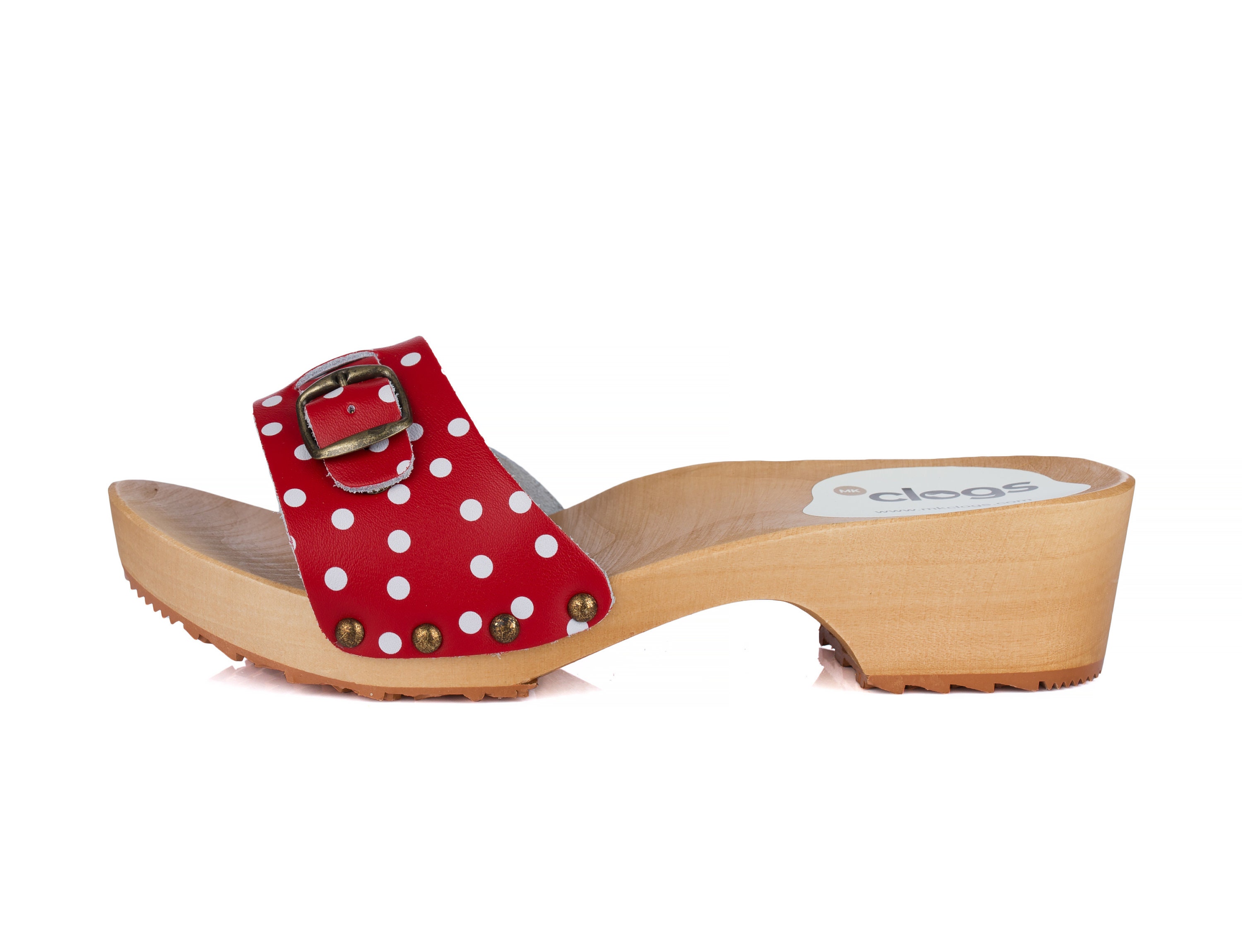Red Polka Dot Leather Clogs, Open Toe Wood Sandals, Slingback Platform ...