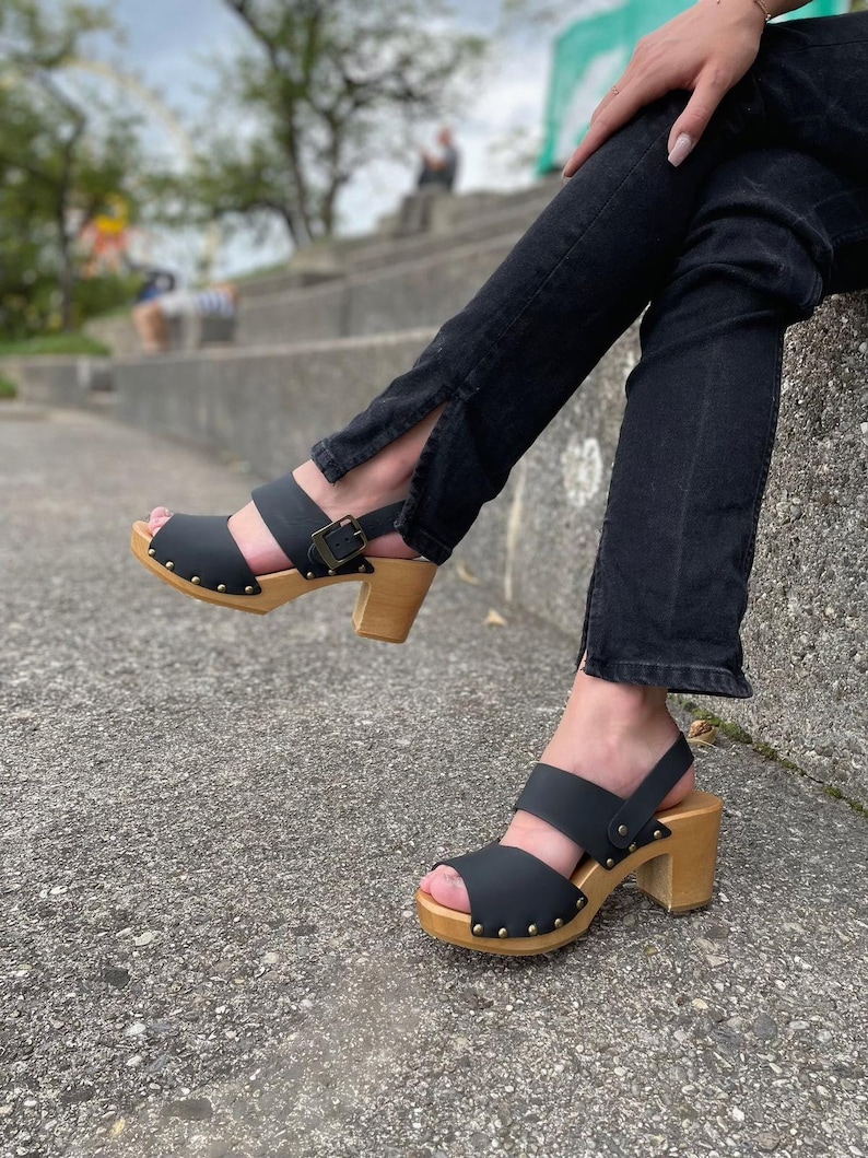 Strappy Heeled Sandals, Black Platform Sandals, High Heel Clogs, High ...