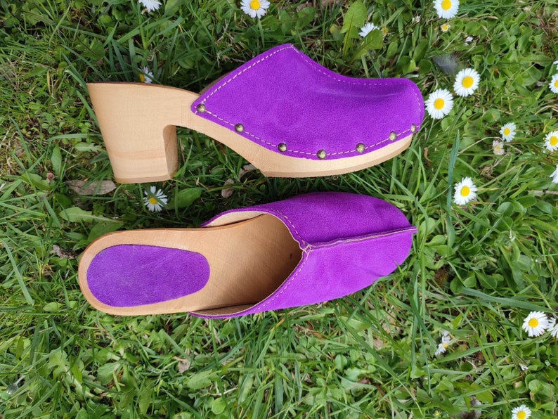 High Heel Purple Suede Clogs, High Heel Mules, Swedish Clogs, Platform ...