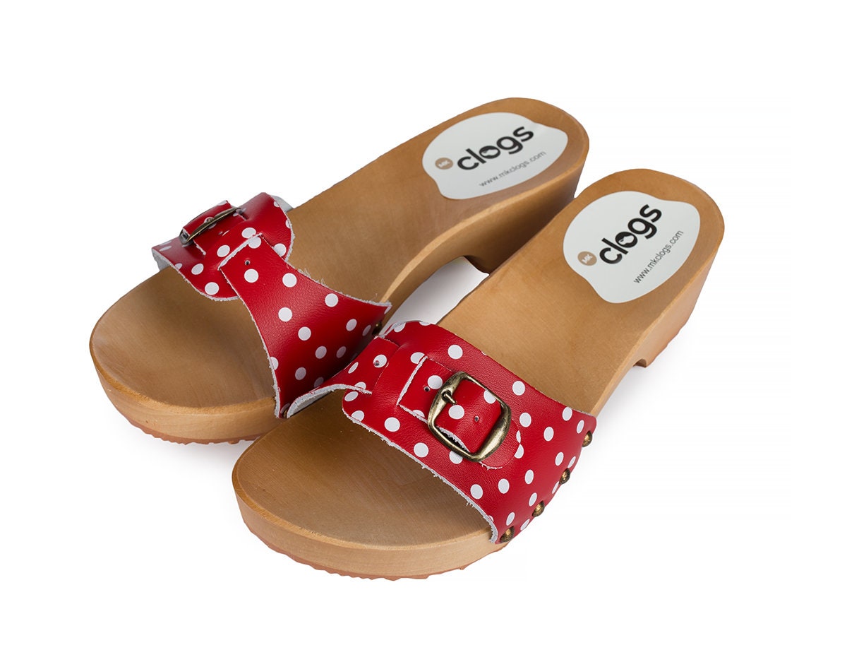 Red Polka Dot Leather Clogs, Open Toe Wood Sandals, Slingback Platform ...