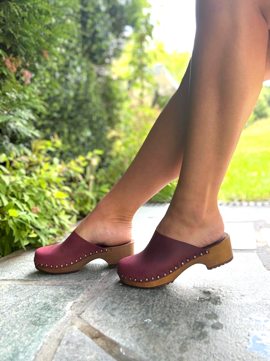 Nubuk Leather Clogs, Maroon Wooden Platform Slides With Studs, Platform ...