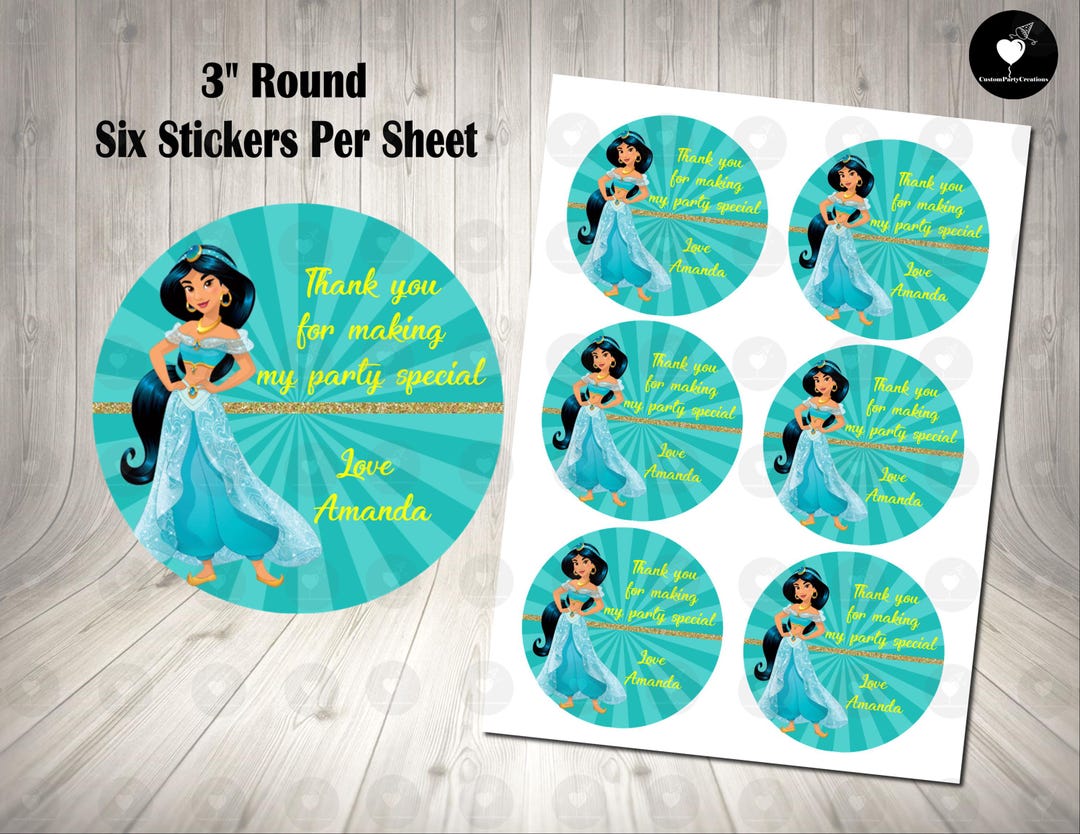 Princess Jasmine Thank You Labels: 3" Round Birthday Stickers - Etsy