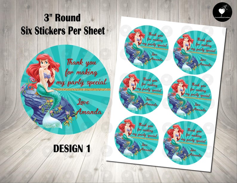 Ariel Birthday Thank You Stickers: 3" Round Labels - Etsy