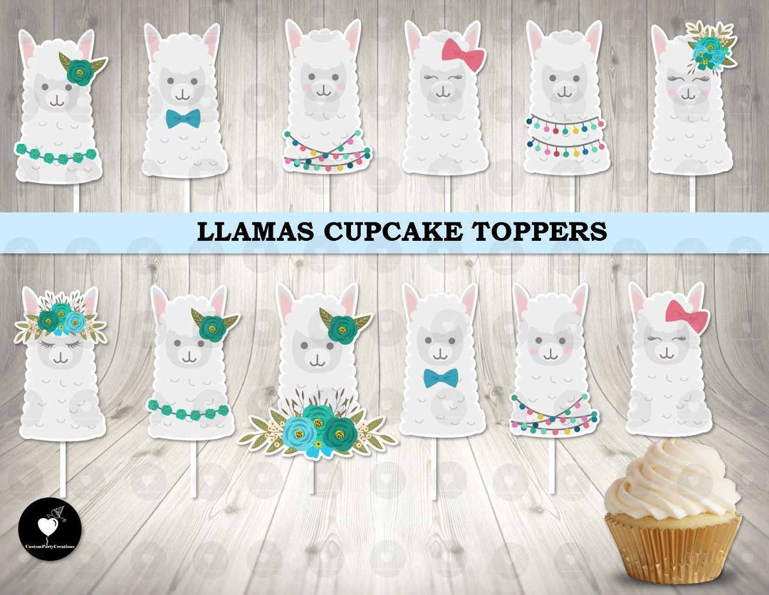 Cute Llamas With Bows Cupcake Toppers, Birthday Cupcake Toppers, Party ...