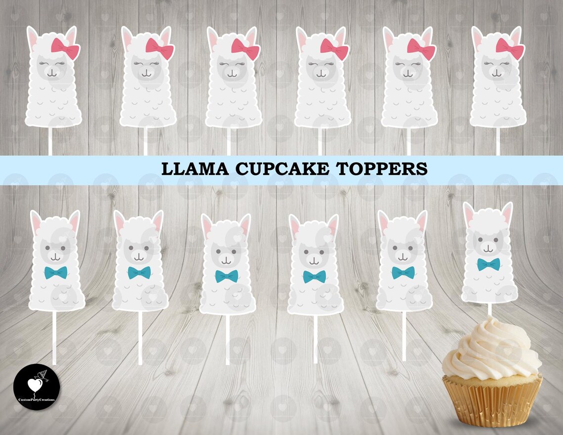 Cute Llamas With Bows Cupcake Toppers, Birthday Cupcake Toppers, Party ...